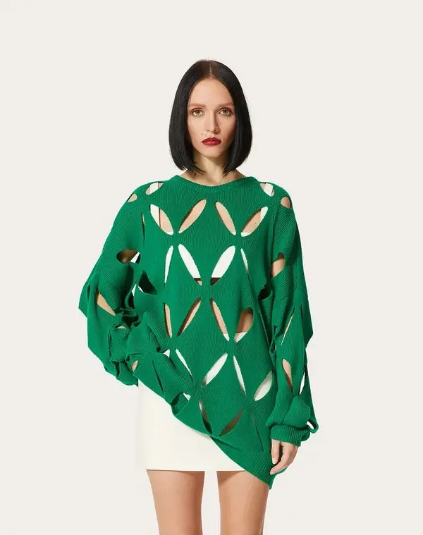 Valentino Garavani Hollowed-out Diamond Embroidered Knitted Pullover