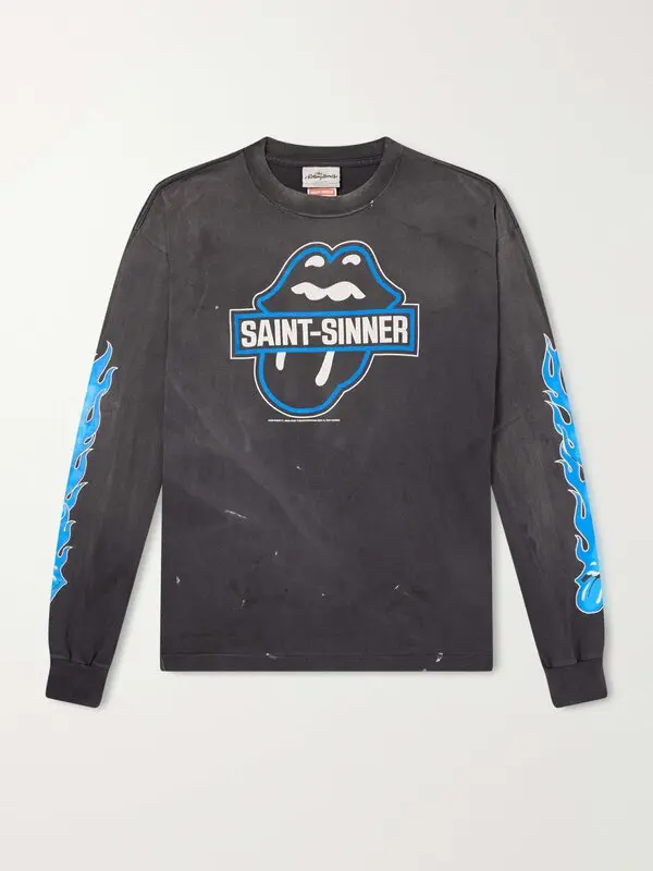 SAINT MXXXXXX The Rolling Stones Fire Printed Distressed Cotton-jersey T-shirt