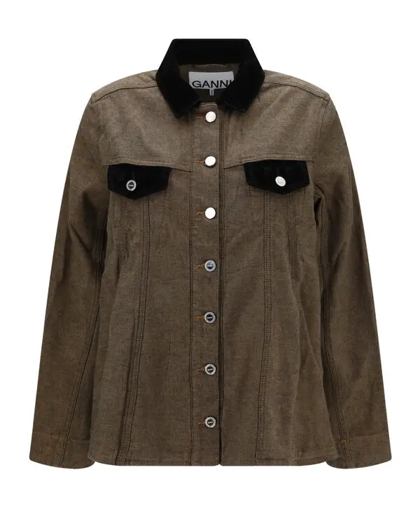 GANNI Velvet-trim Neppy Denim Jacket