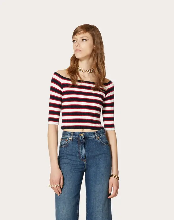 Valentino Garavani Cropped Striped Knitted Top