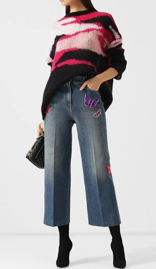 Valentino Garavani Blue Butterfly Beaded Embroidered Straight Cut Jeans