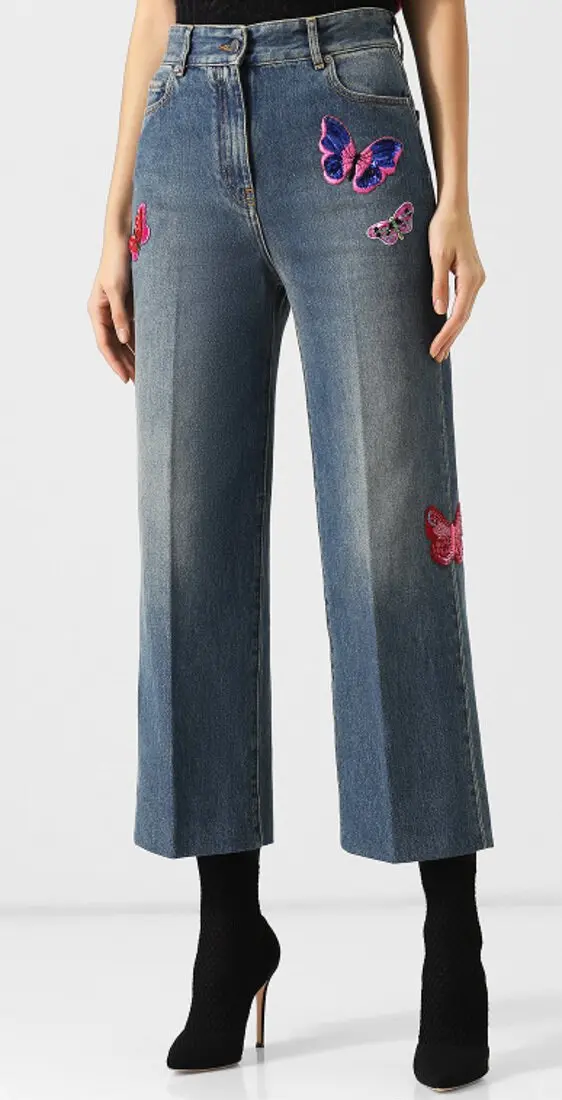 Valentino Garavani Blue Butterfly Beaded Embroidered Straight Cut Jeans