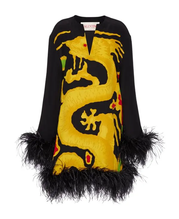Valentino Garavani Dragon-print Feather-trim Silk Dress - Black
