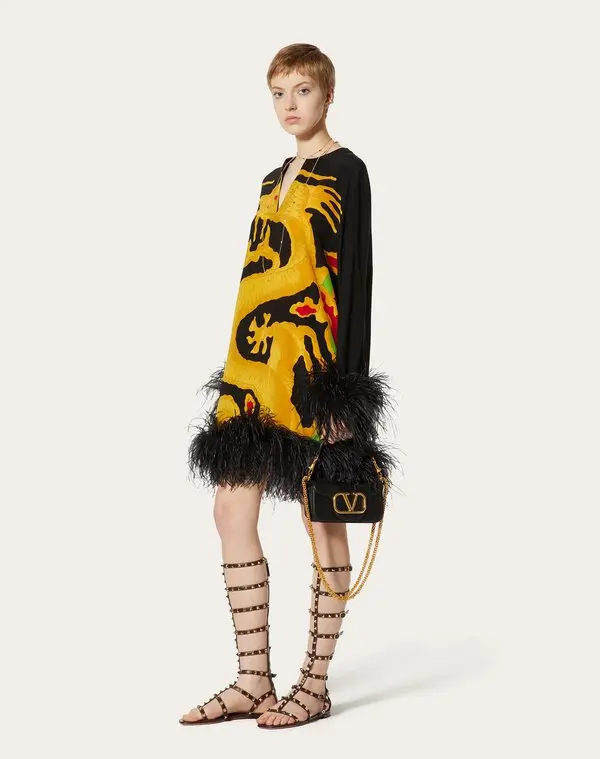 Valentino Garavani Dragon-print Feather-trim Silk Dress