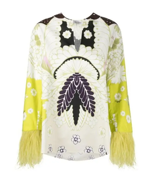 Valentino Garavani Feather-embellished Floral Print Blouse