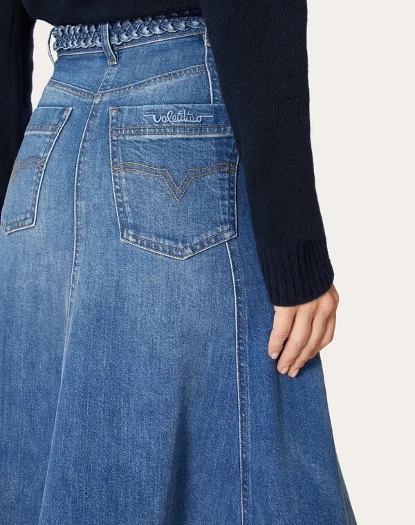 Valentino Garavani Braided-waist Denim Midi Skirt