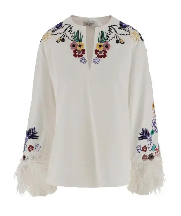 Valentino Garavani Embroidered-design Feather-trim Top