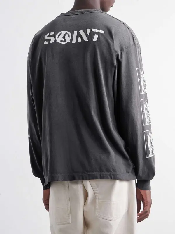 SAINT MXXXXXX Peace Printed Distressed Cotton-jersey T-shirt