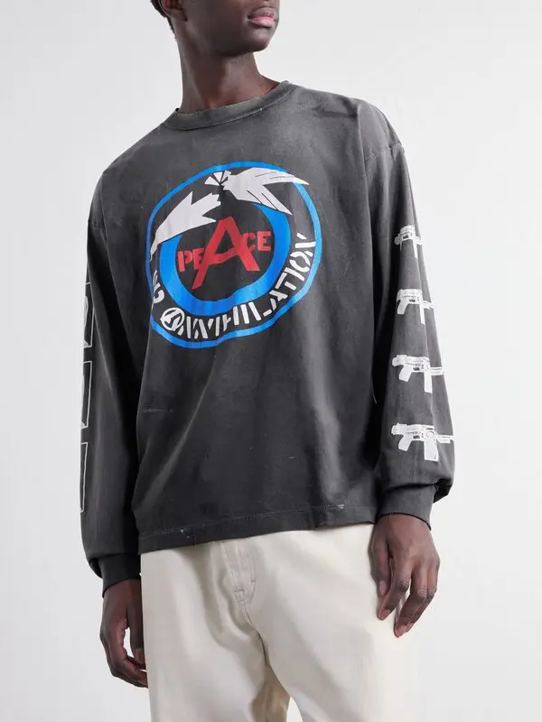 SAINT MXXXXXX Peace Printed Distressed Cotton-jersey T-shirt