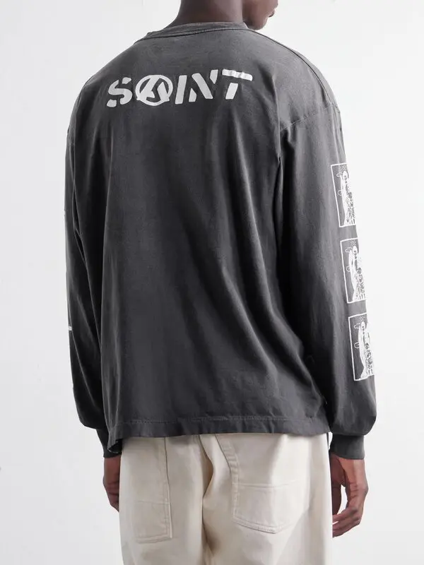 SAINT MXXXXXX Peace Printed Distressed Cotton-jersey T-shirt
