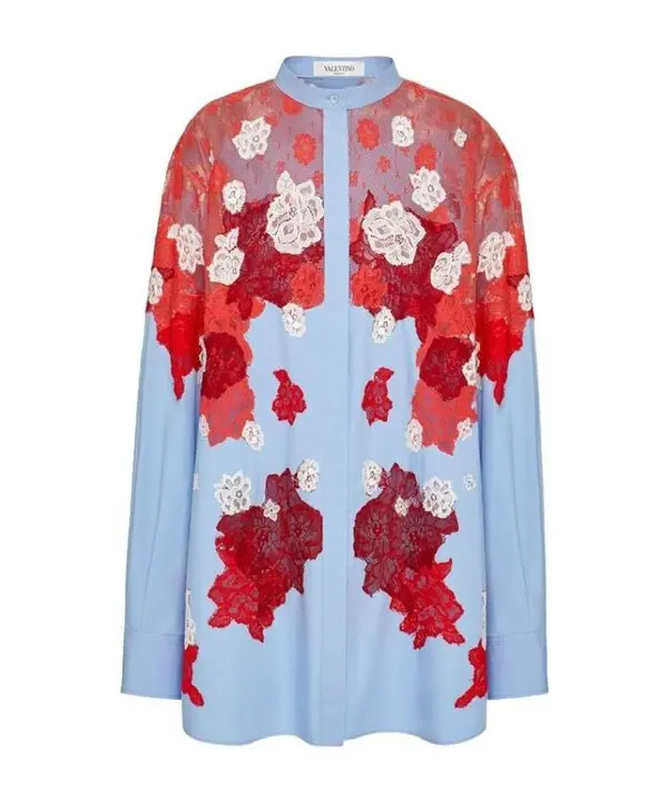 Valentino Garavani Floral-lace Panel Shirt - Blue