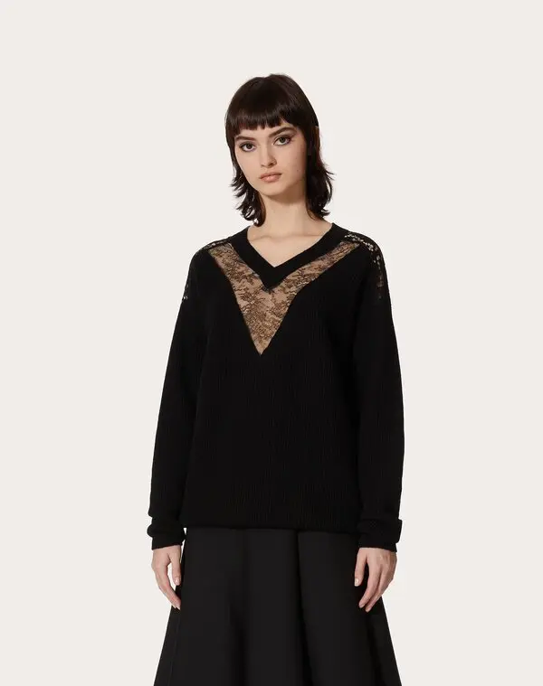 Valentino Garavani Lace-embellished V-neck Jumper