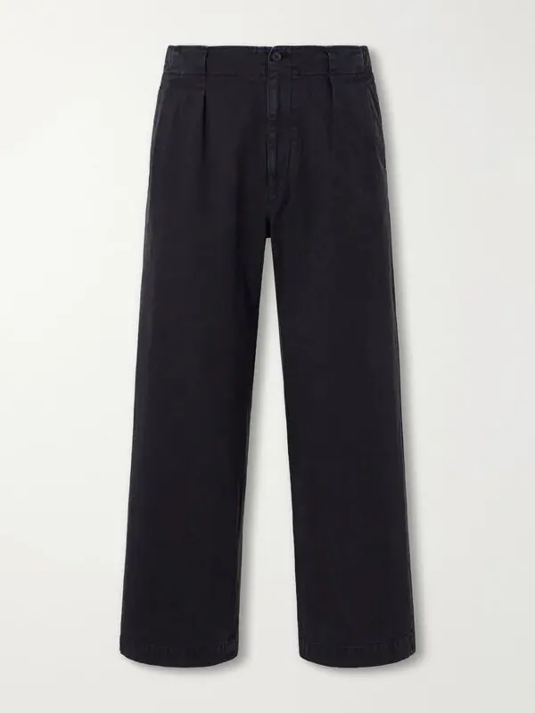 YOKE Wide-leg Garment-dyed Pleated Cotton-twill Trousers - Black