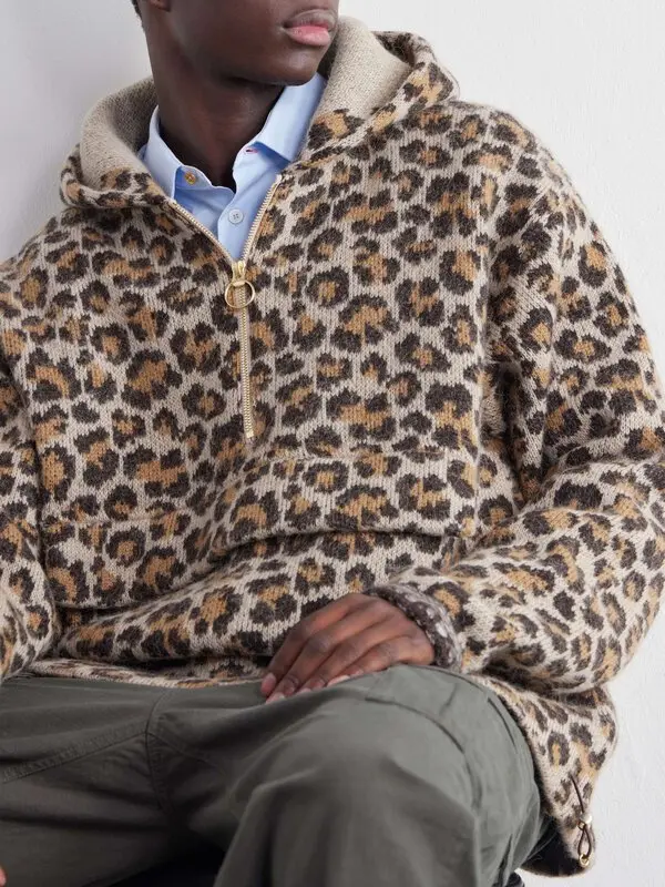 Kapital Hooded Leopard-jacquard Half-zip Sweater
