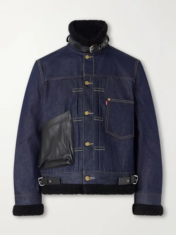 Sacai Levi's Plush And Leather-trimmed Denim Jacket - Blue