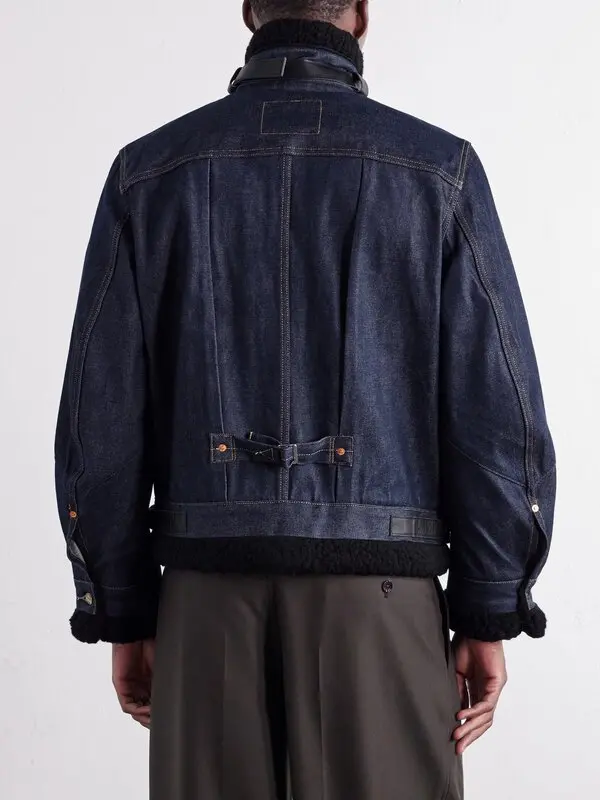 Sacai Levi's Plush And Leather-trimmed Denim Jacket - Blue