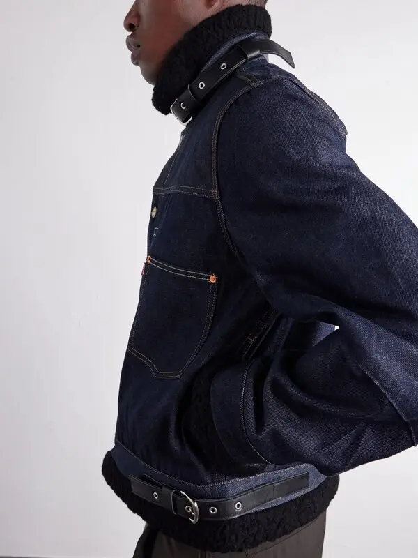 Sacai Levi's Plush And Leather-trimmed Denim Jacket - Blue