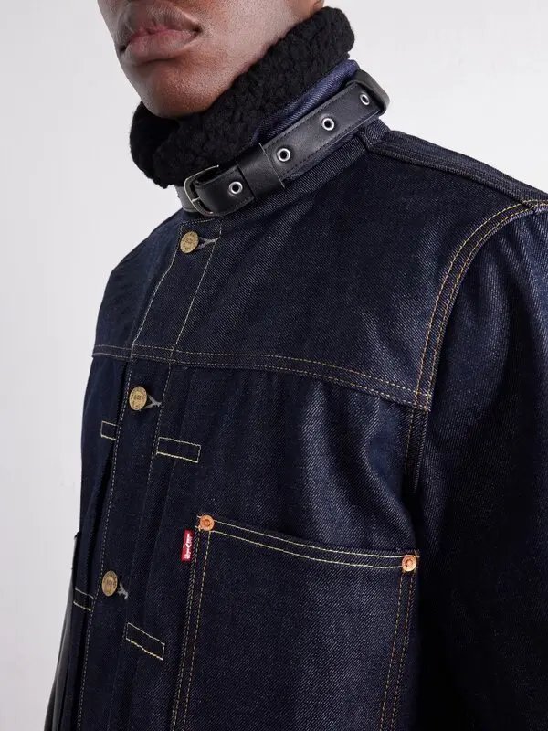 Sacai Levi's Plush And Leather-trimmed Denim Jacket - Blue