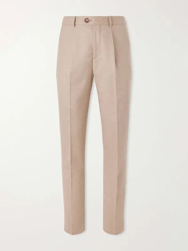 Brunello Cucinelli Tapered Pleated Virgin Wool, Cashmere And Silk-blend Trousers - Camel