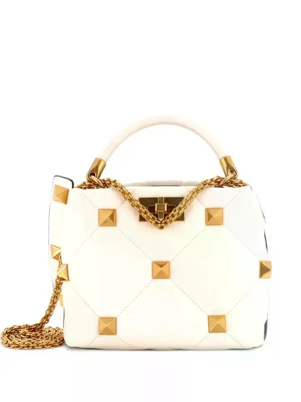 Valentino Garavani Roman Stud Top Handle Bag Quilted Leather Small Satchel - White