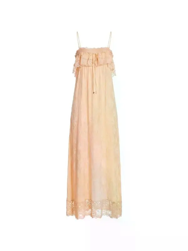 Chloé Thin-strap Long Dress In Silk Jacquard & Lace