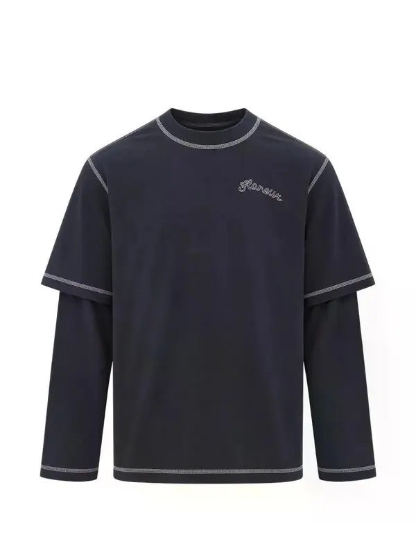 FLANEUR Contrast-stitch Layered-sleeve T-shirt - Blue