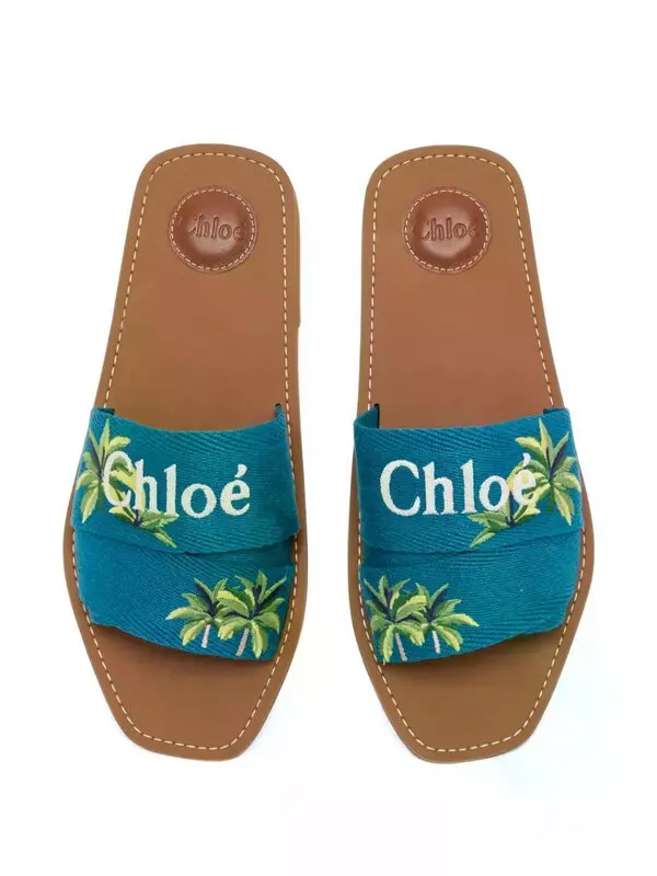 Chloé Woody Logo-embroidered Flat Sandals - Blue