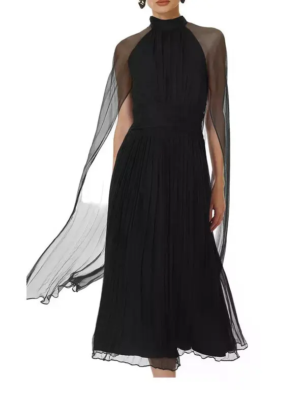 FRAMBOISE Belona Cape-detail Pleated Silk Midi Dress