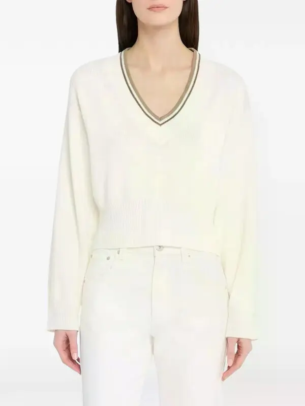 Brunello Cucinelli Striped-trim V-neck Sweater - White