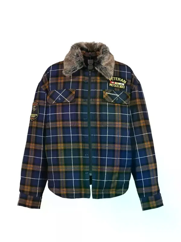 PROTOCOL INDEX Check-pattern Faux-fur Collar Shirt Jacket