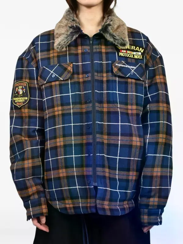 PROTOCOL INDEX Check-pattern Faux-fur Collar Shirt Jacket