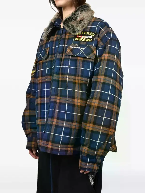 PROTOCOL INDEX Check-pattern Faux-fur Collar Shirt Jacket