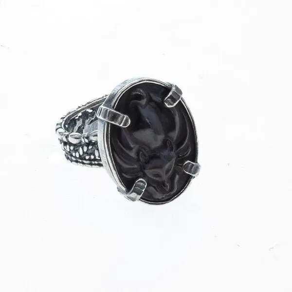 GEM KINGDOM Black Mother Of Pearl Fox Cameo Ring - Black/silver