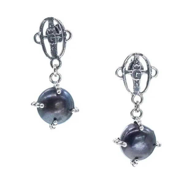 GEM KINGDOM Black Pearl Drop Earrings - Black/silver