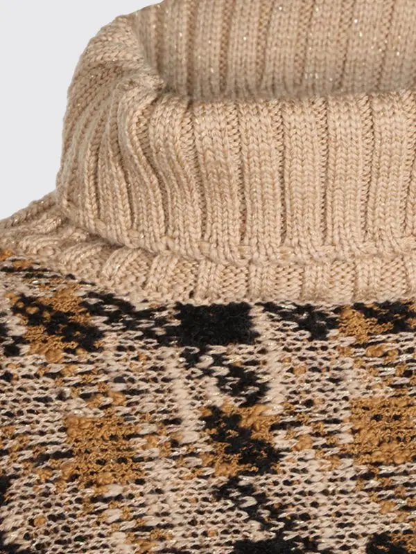 TWINSET Houndstooth Turtleneck Jumper In Wool Blend With Dropped Shoulders - Brown