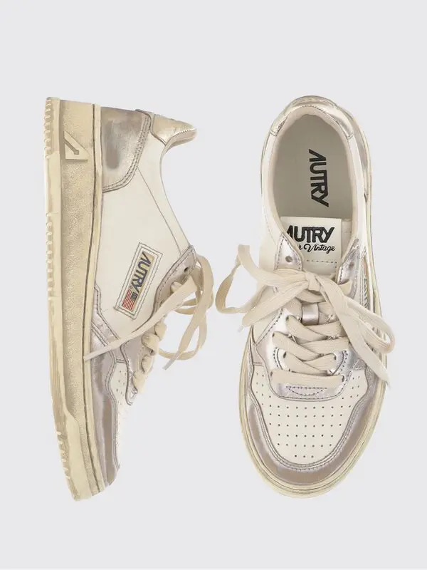 AUTRY Medalist Low Super Vintage Bicolour Leather Trainers With Worn Effect - Silver