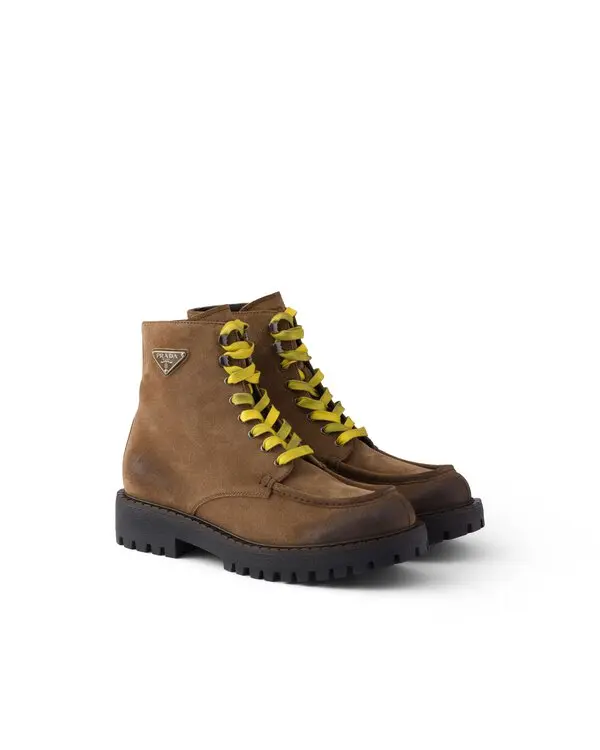 Prada Aged Suede Lace-up Ankle Boots