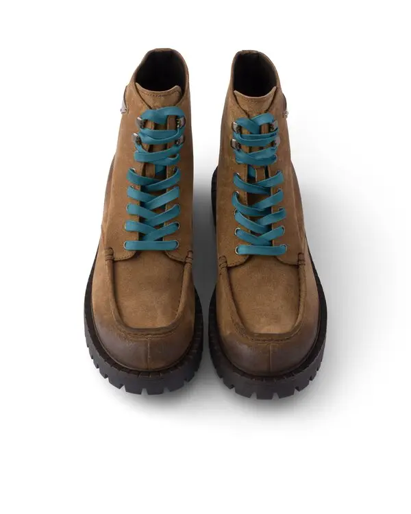 Prada Aged Suede Lace-up Ankle Boots