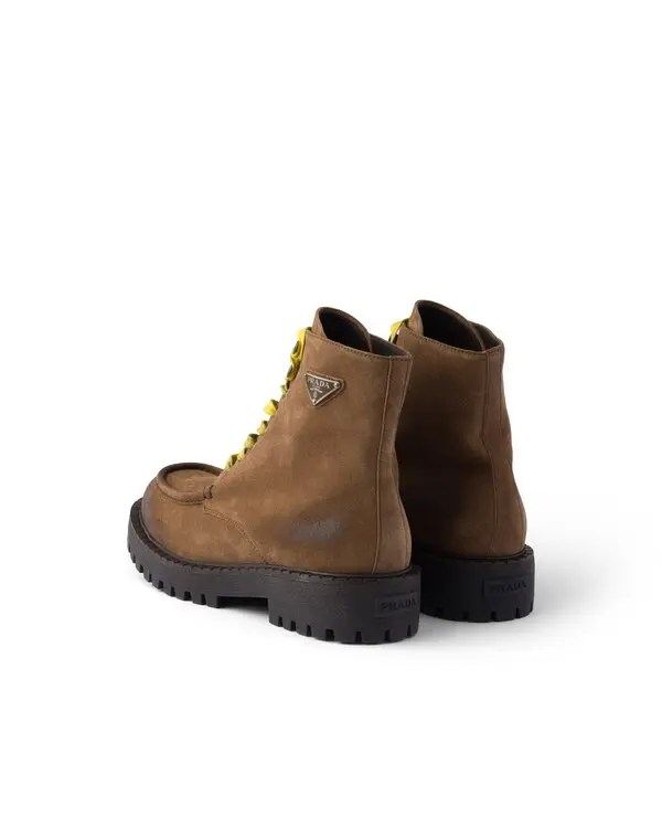 Prada Aged Suede Lace-up Ankle Boots