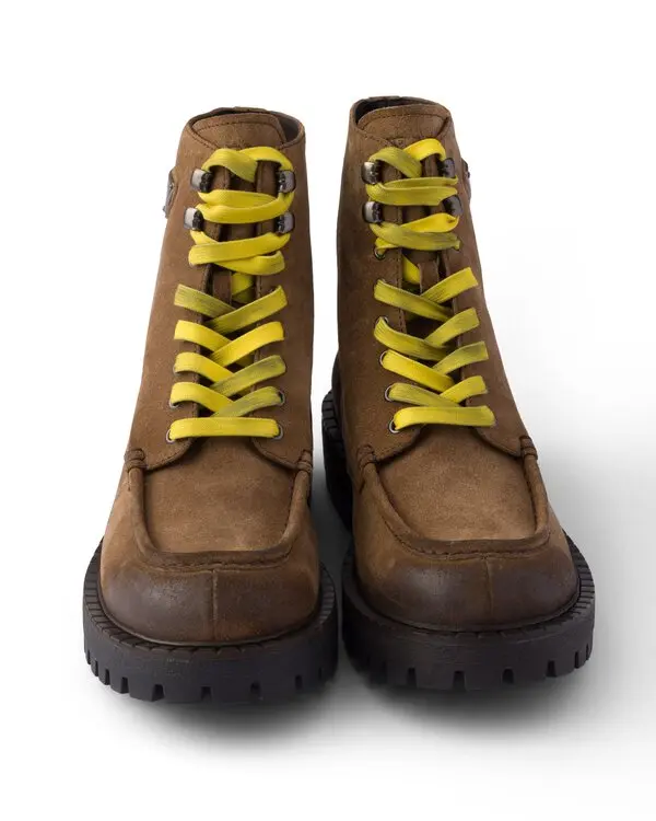 Prada Aged Suede Lace-up Ankle Boots