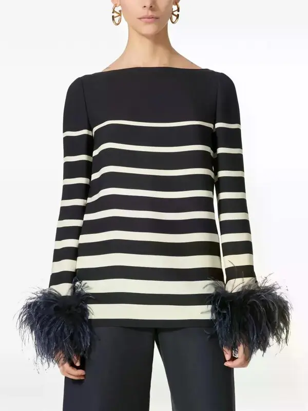 Valentino Garavani Striped Feather-trimmed Blouse