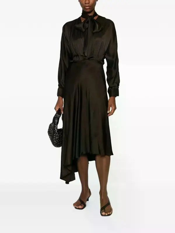 Maje Asymmetrical Satin Midi Dress - Brown