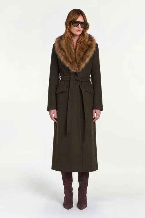 NICHOLAS Mae Coat With Faux Fur Collar - Olive