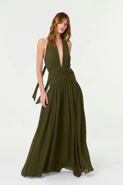 NICHOLAS Arella Deep Plunge Halter Maxi Dress