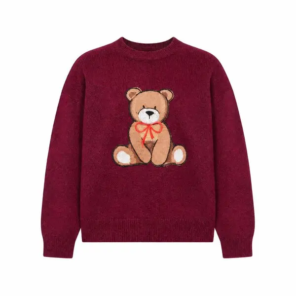 YUMI Burgundy Teddy Bear Relaxed Jumper