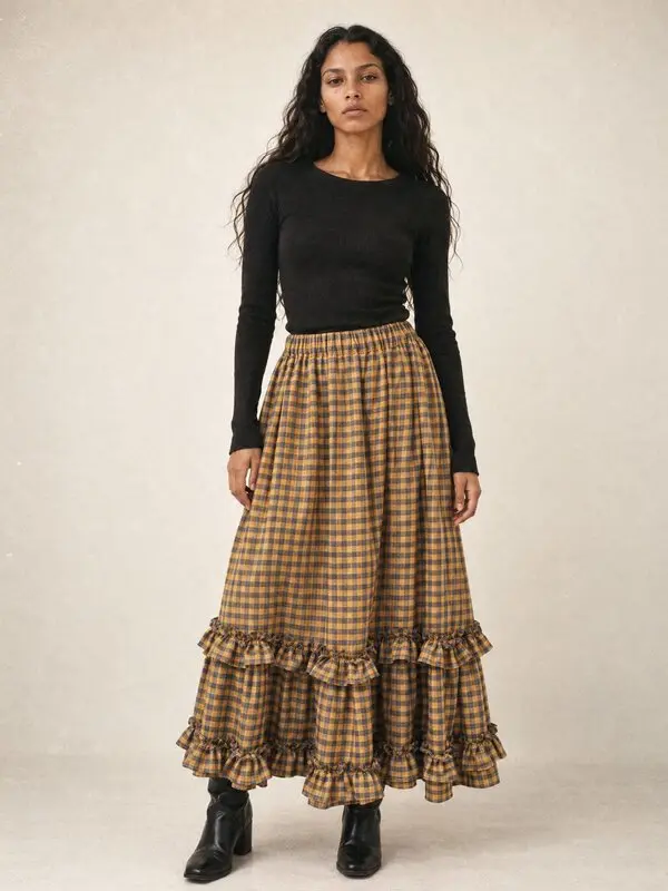 THE WELL WORN The Rosa Skirt Mustard Gingham