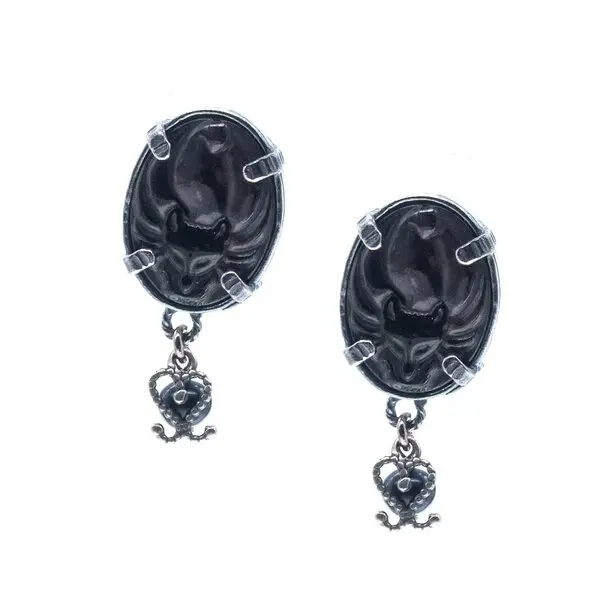 GEM KINGDOM Black Mother Of Pearl Fox Cameo Ear Clips - Black/silver