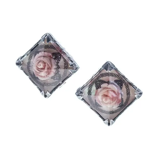 GEM KINGDOM Square Rose Ear Clips - Pink/silver