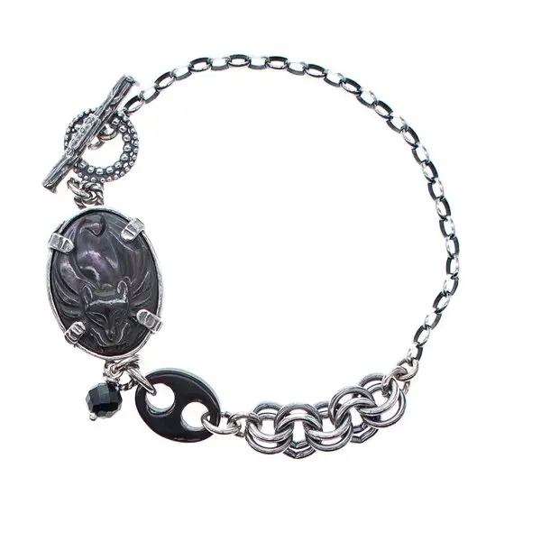 GEM KINGDOM Black Mother Of Pearl Cameo Fox Bracelet - Black/silver