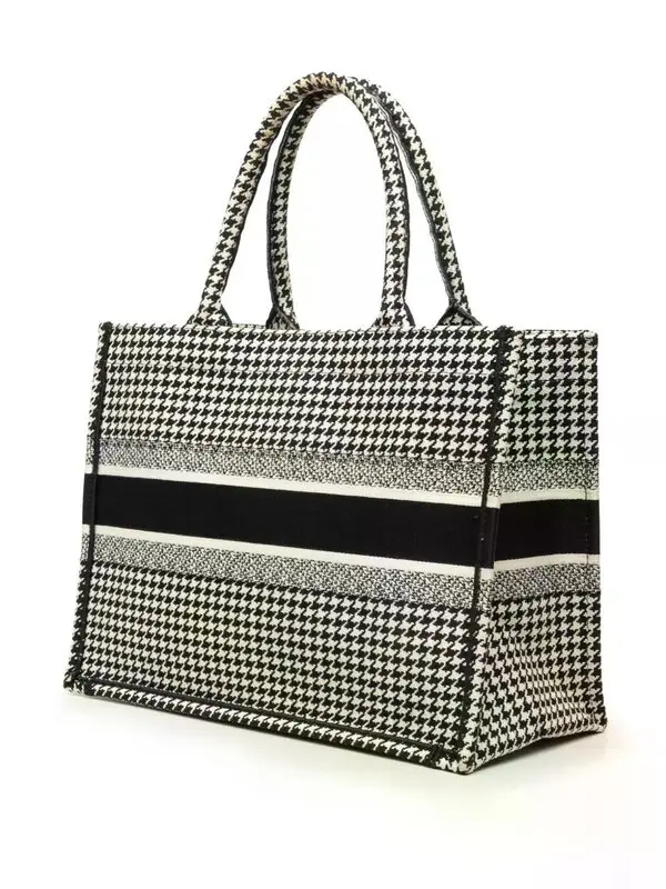 Dior 2019 Medium Canvas Houndstooth Embroidered Book Tote Bag - Black